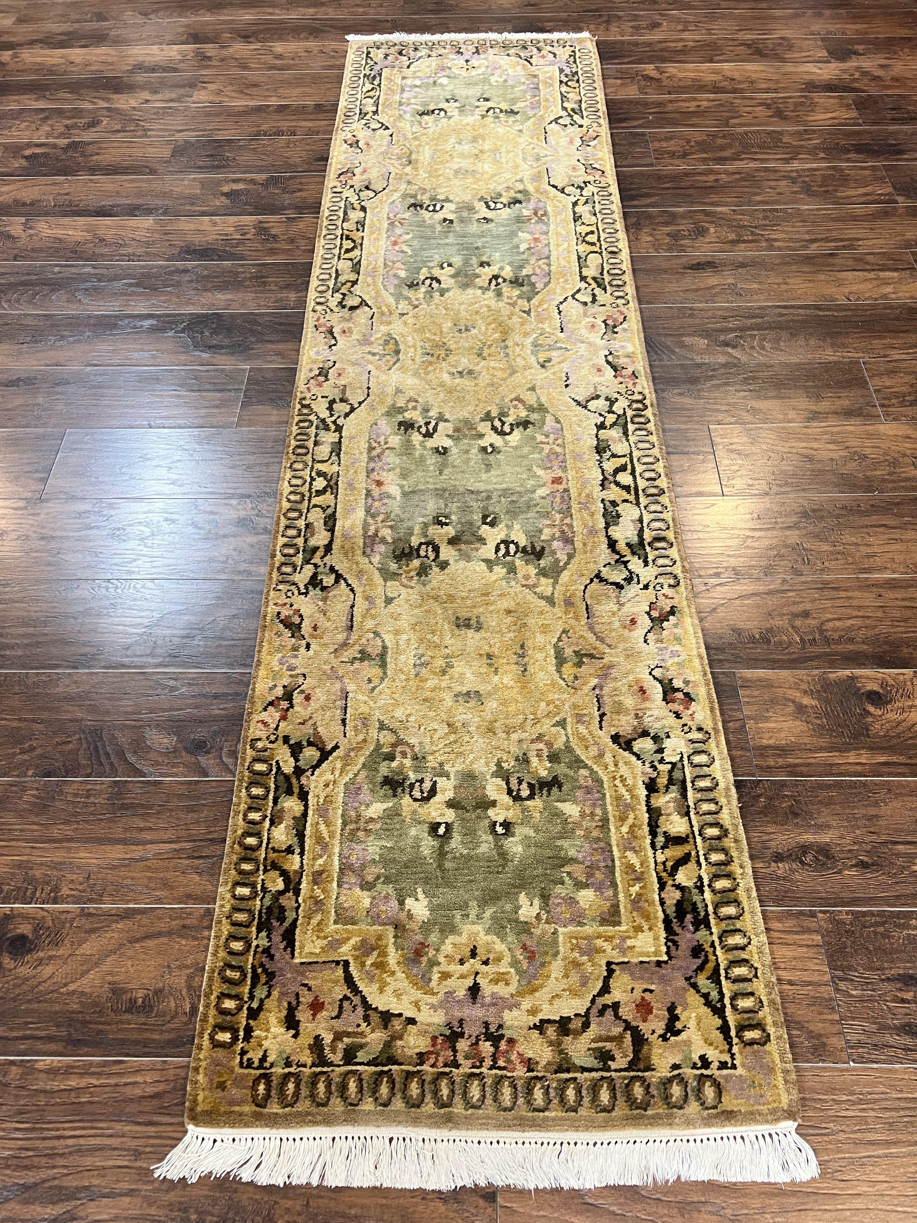 Tibetan Runner Rug 2.6 x 10, French Aubusson Pattern, Gold Olive Green ...