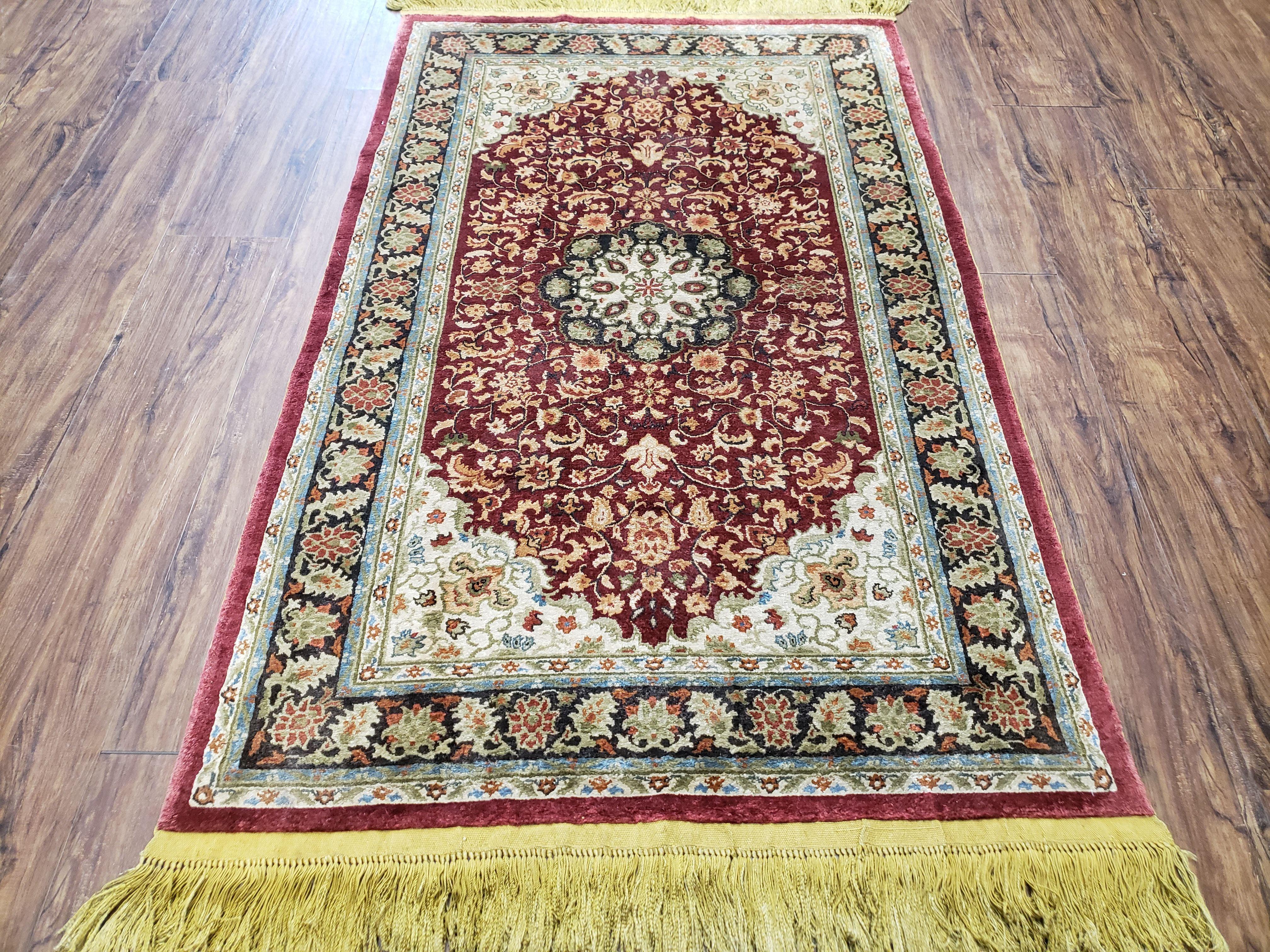 3x5 Silk Hand-Knotted Rug, Silk Oriental Carpet 5 x 3, Red & Ivory, Fl ...