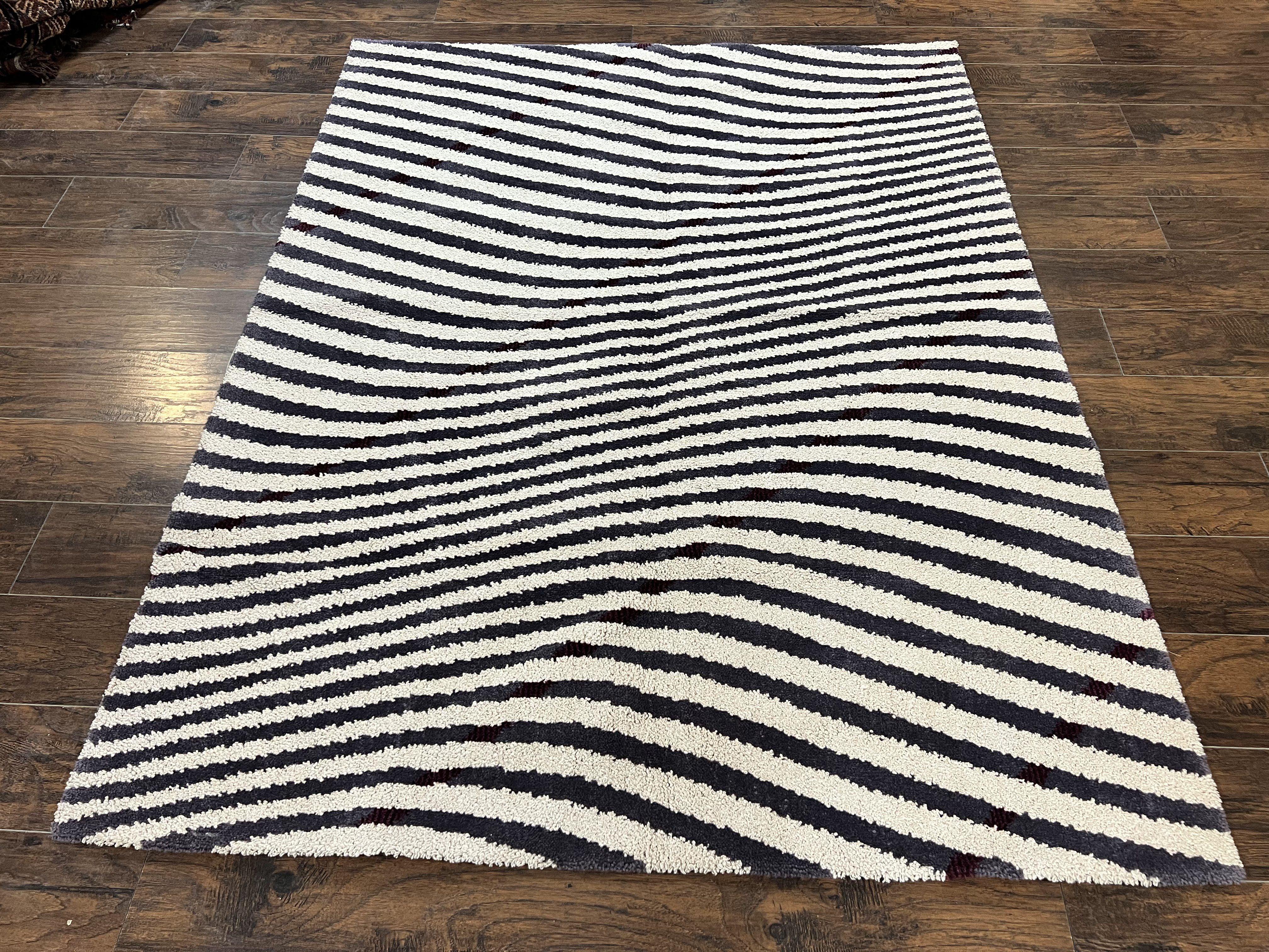 Vintage Zebra Stripes Shag Rug 5.7 x 7.4, Black and White, Retro, Wool ...